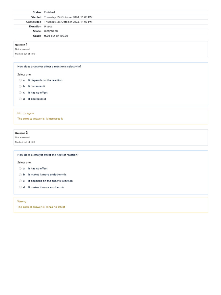 Catalyst Effects Quiz Results | PDF | Catalysis | Heterogeneous Catalysis