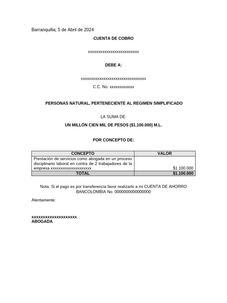 CUENTA DE COBRO SERVICIOS PROFESIONALES | PDF