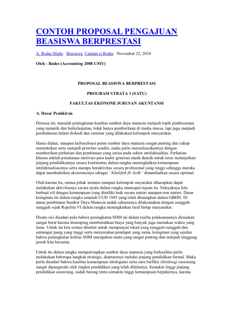 Contoh Proposal Pengajuan Beasiswa Berprestasi | PDF | Karier ...