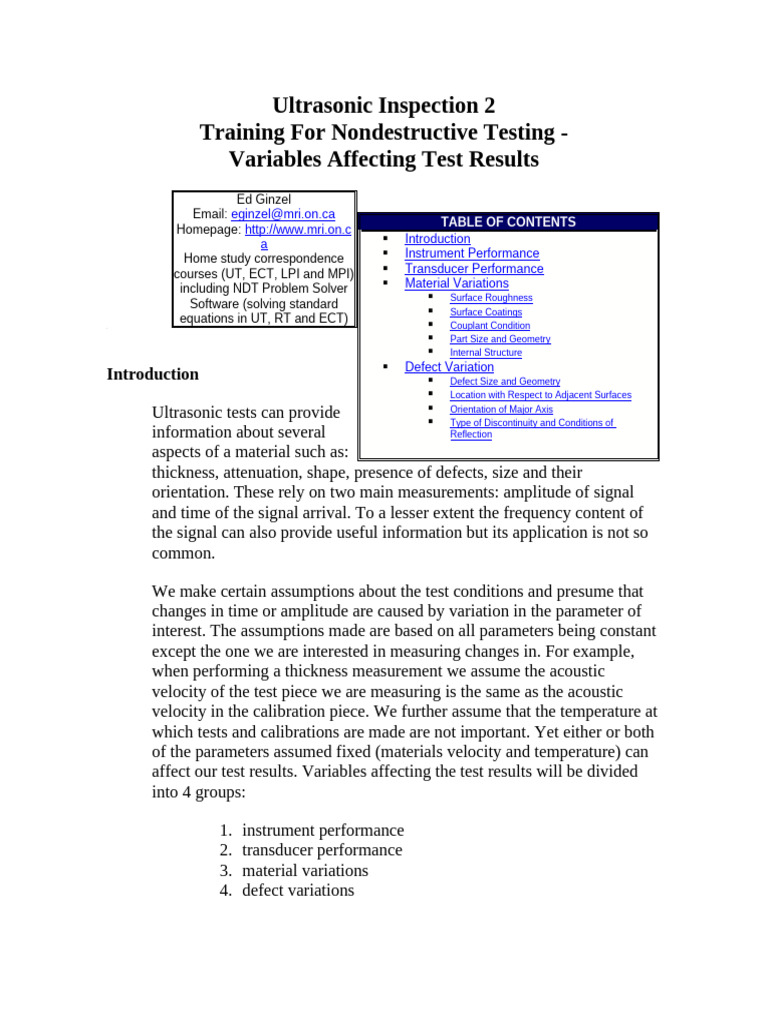 Ultrasonic Inspection 2 Training For Nondestructive Testing - Variables ...