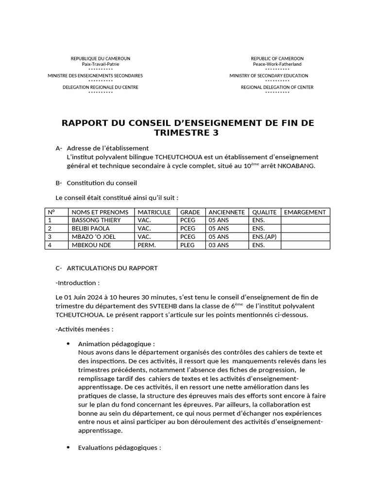 Rapport d'enseignement trimestriel 2024 | PDF | Pédagogie