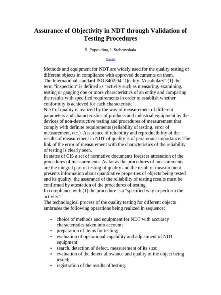 Assurance of Objectivity in NDT Through Validation of Testing ...