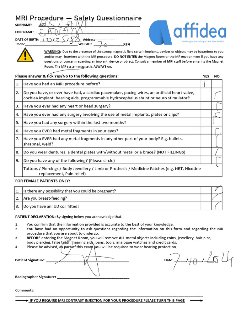 MRI Safety Questionnaire - Sept 2020 | PDF | Artificial Cardiac ...