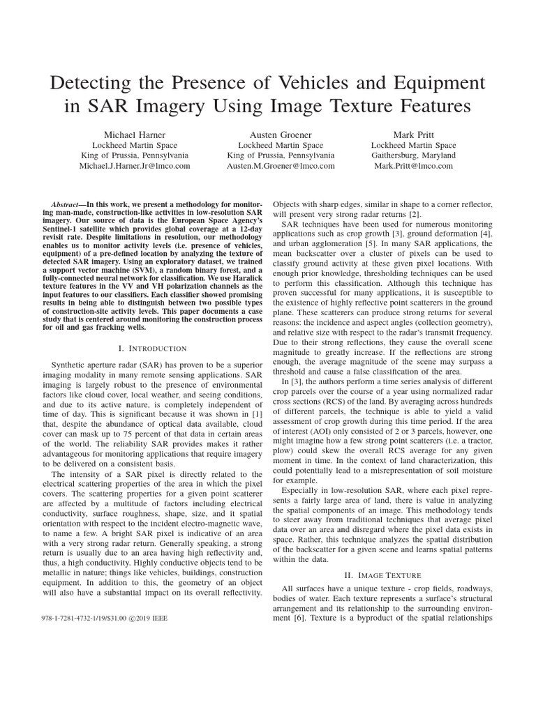 Detecting The Presence of Vehicles and Equipment in SAR Imagery Using Image Texture Features ...