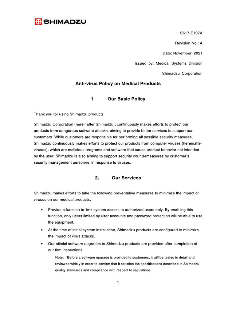 Anti-Virus Policy On Medical Product - S517-E107A | PDF