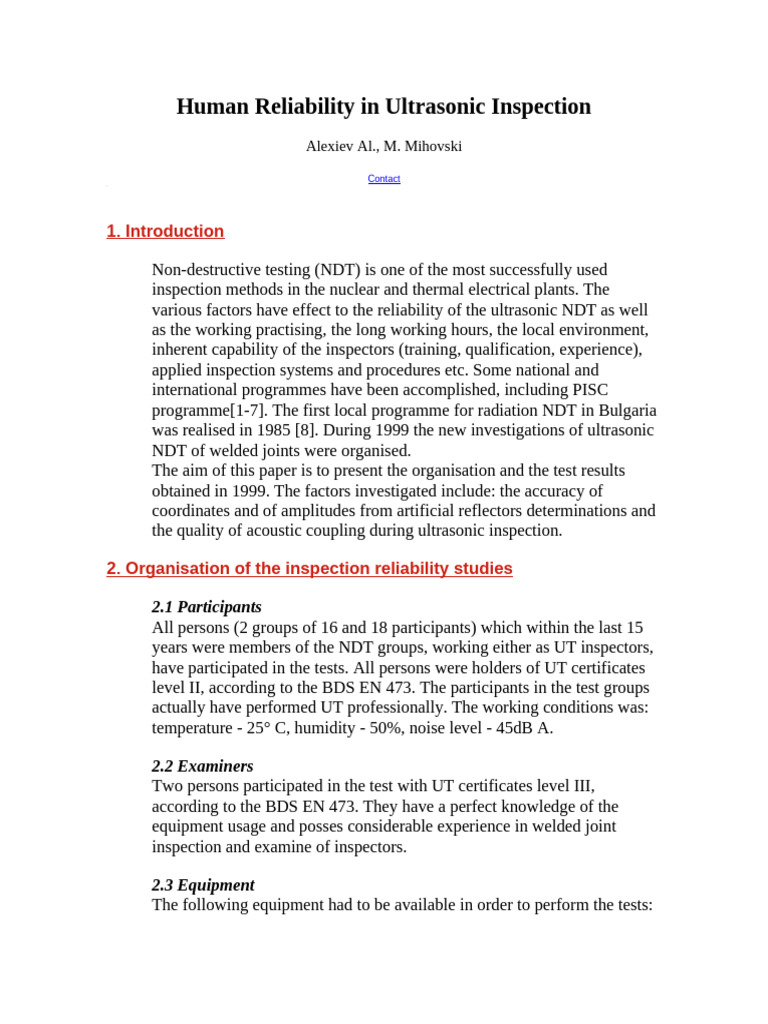 Human Reliability In Ultrasonic Inspection Pdf Nondestructive Testing Ultrasound