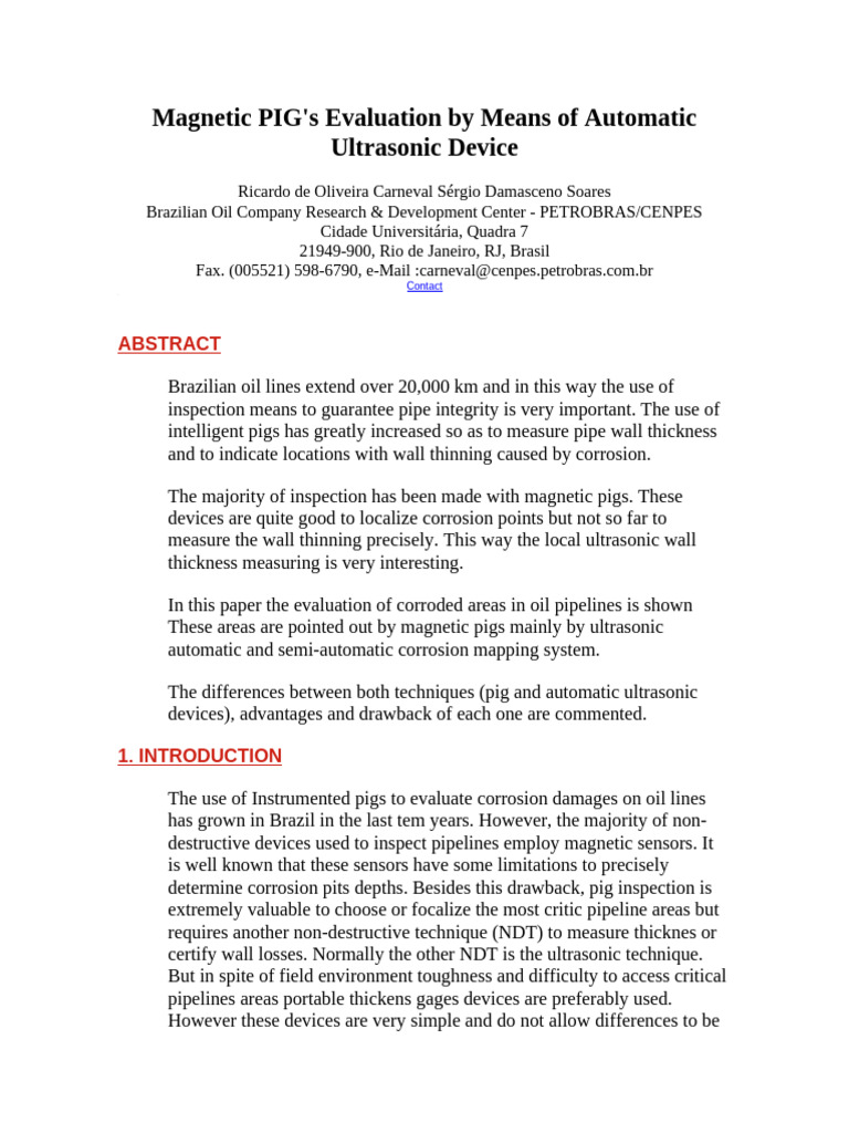 Magnetic PIG's Evaluation by Means of Automatic Ultrasonic Device | PDF ...