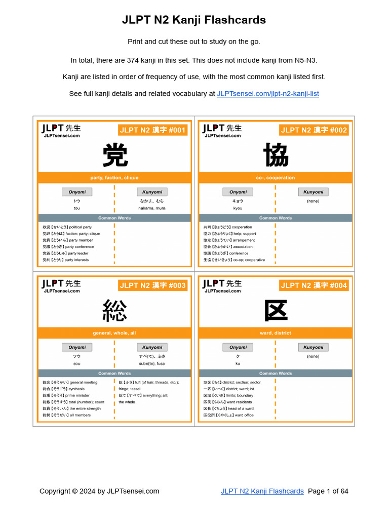 JLPT N2 Kanji Flashcards (Printable Set) | PDF | Standardized Tests | Tests
