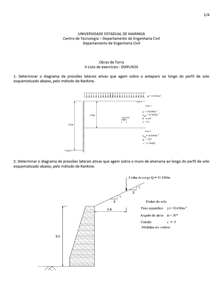 Lista de Exerc-Cios Obras de Terra EMPUXOS | PDF