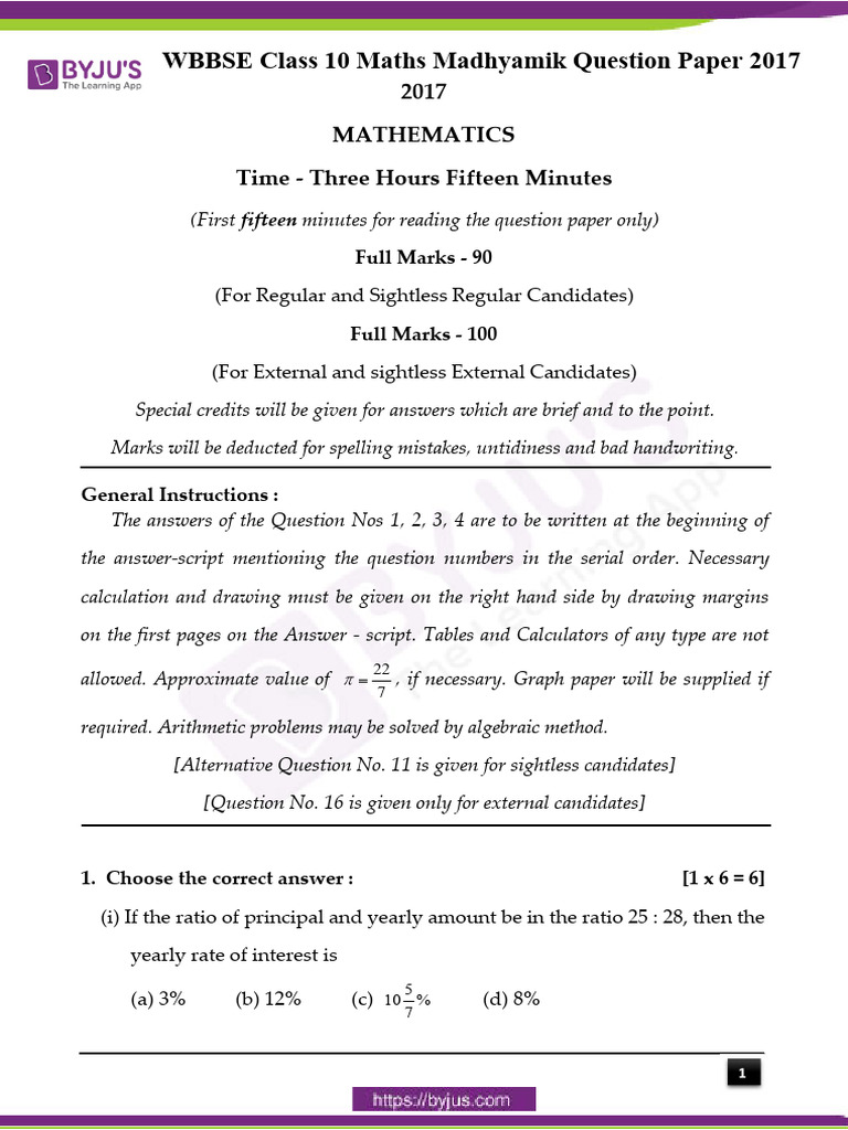 WBBSE Class 10 Maths Madhyamik Question Paper 2017 | PDF | Triangle | Area