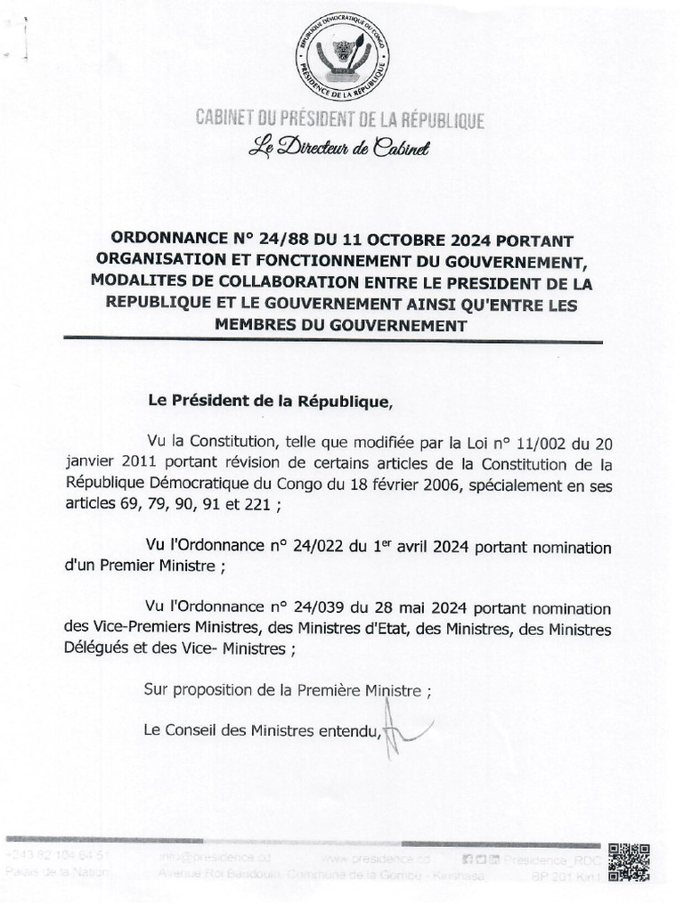 Ordonnance n 24-88 Du 11 Octobre 2024 Portant Organisation Et Fonctionnement Du Gouvernement ...