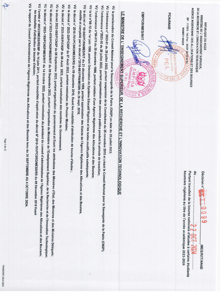 Décision N°0099-MESRIT-ANAB Du 22 Oct. 2024 (Transfert de Bourse 2023 ...