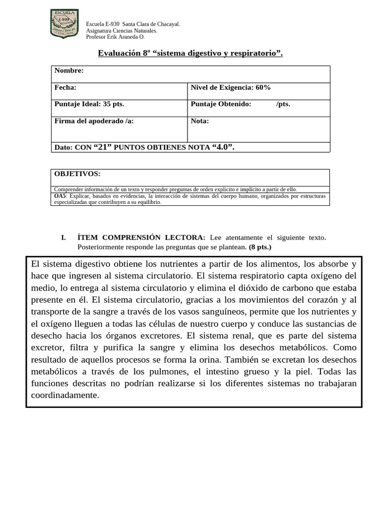 8° U.1 Cs. Nat Sistemas | PDF | Sistema respiratorio | Sistema digestivo humano