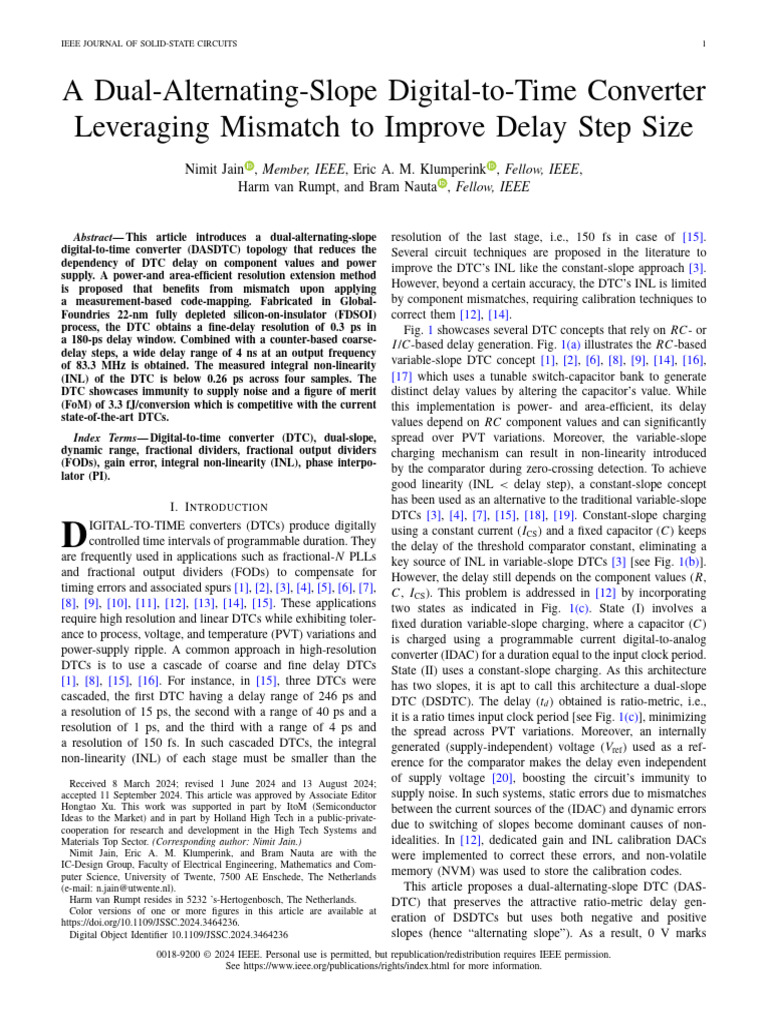 A Dual-Alternating-Slope Digital-to-Time Converter Leveraging Mismatch To Improve Delay Step ...