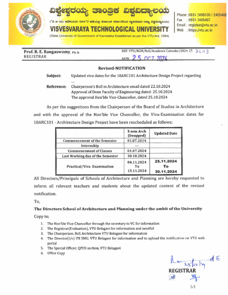 Circular (3603) - Updated Viva Dates For 18ARC101 Architecture Design ...