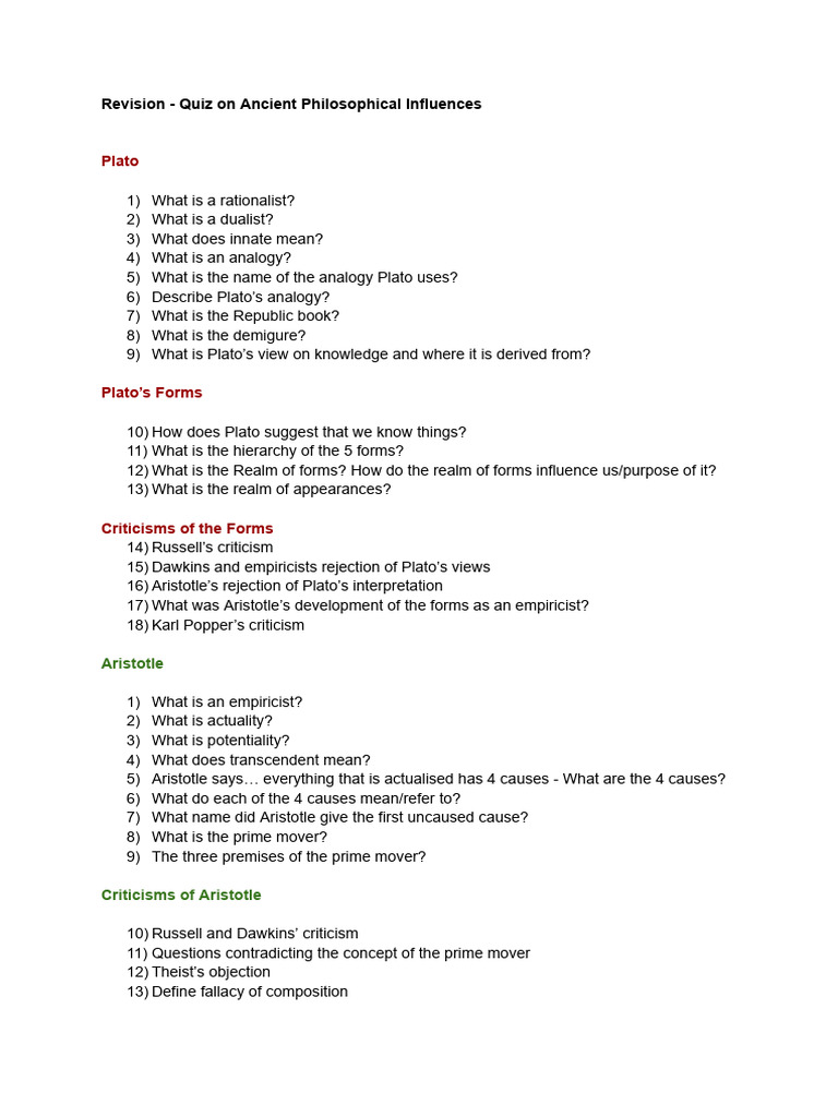 Ancient Philosophy Quiz: Plato & Aristotle | PDF | Materialism | Soul