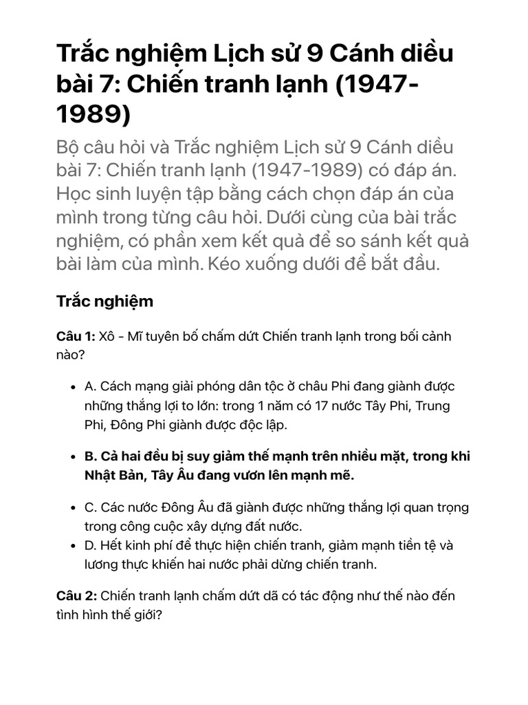 Trắc Nghiệm Lịch Sử 9 Cánh Diều Bài 7 - Chiến Tranh Lạnh (1947-1989 ...
