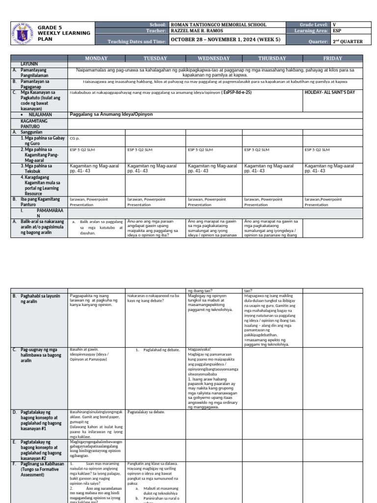 WLP (Grade 5-Sapphire) - Q2 - Week 5 - (October 28 - November 1, 2024 ...