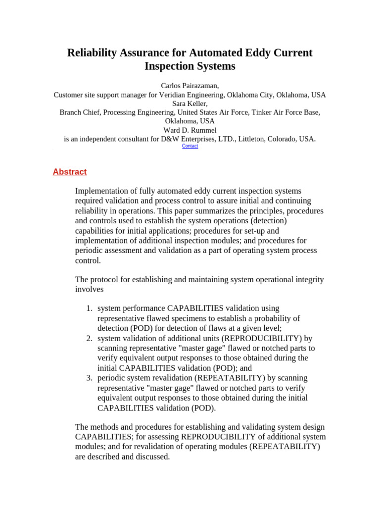 Reliability Assurance For Automated Eddy Current Inspection Systems | PDF | Nondestructive ...