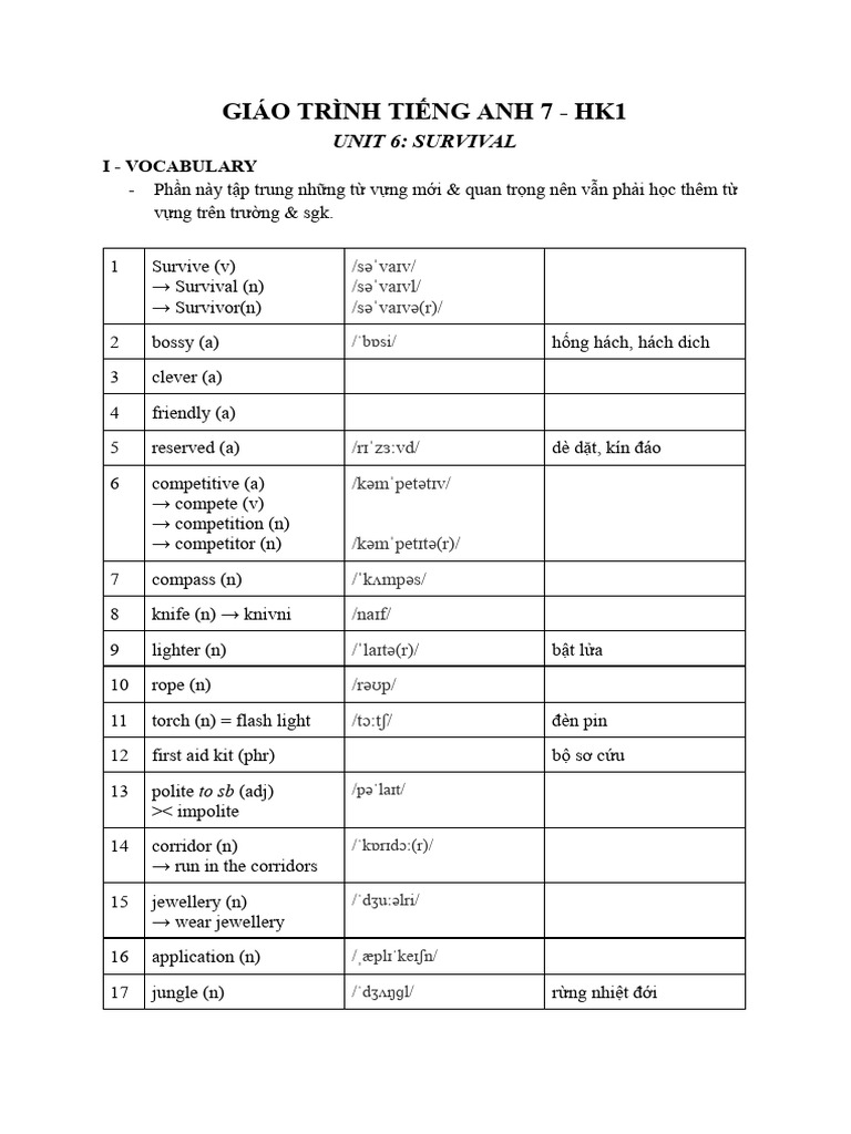 GIÁO TRÌNH TIẾNG ANH 7 - HK1 | PDF