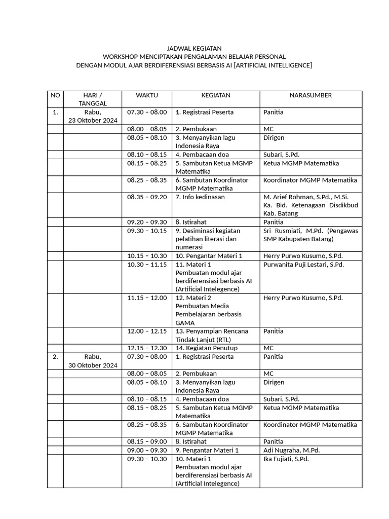 Jadwal Kegiatan Workshop | PDF