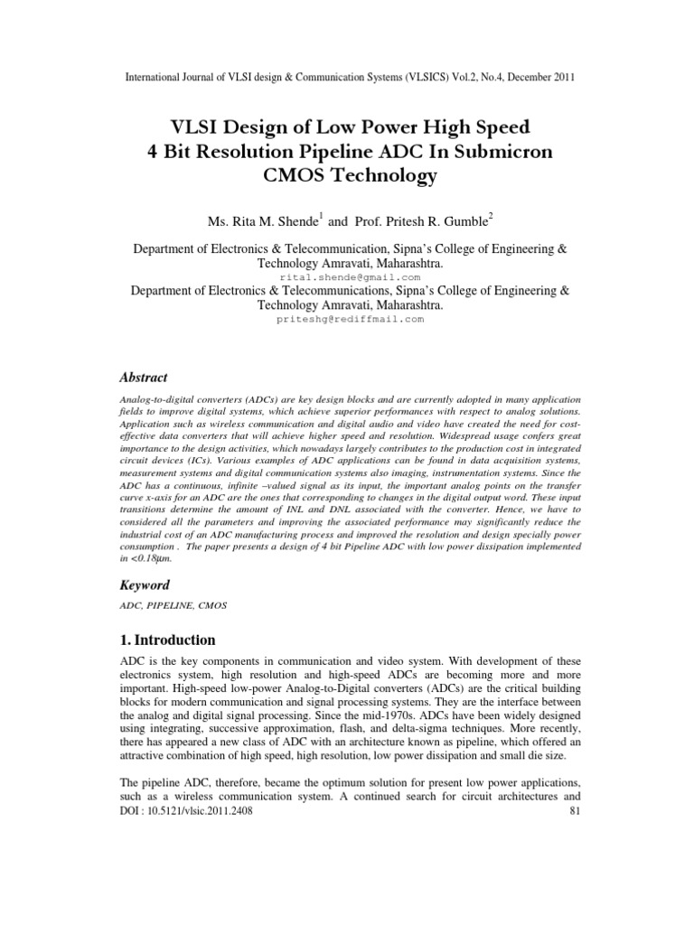 Vlsi Design Of Low Power High Speed 4 Bit Resolution Pipeline Adc In Submicron Cmos Technology