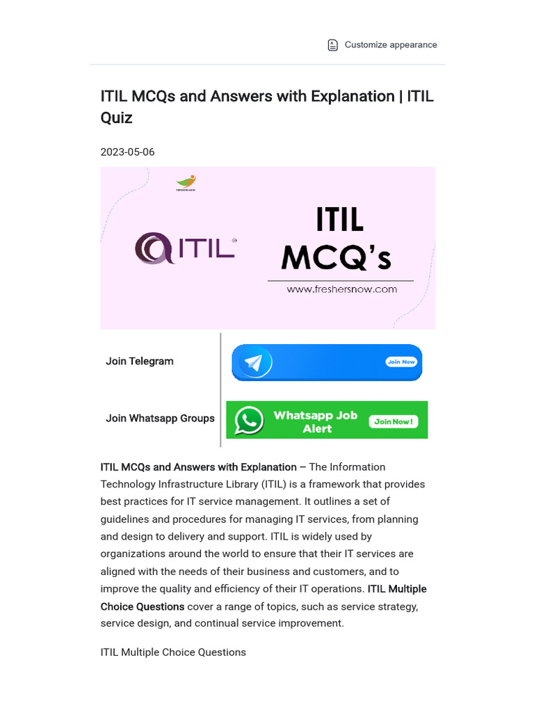 ITIL MCQs and Answers With Explanation - ITIL Quiz - Reader Mode1 | PDF ...