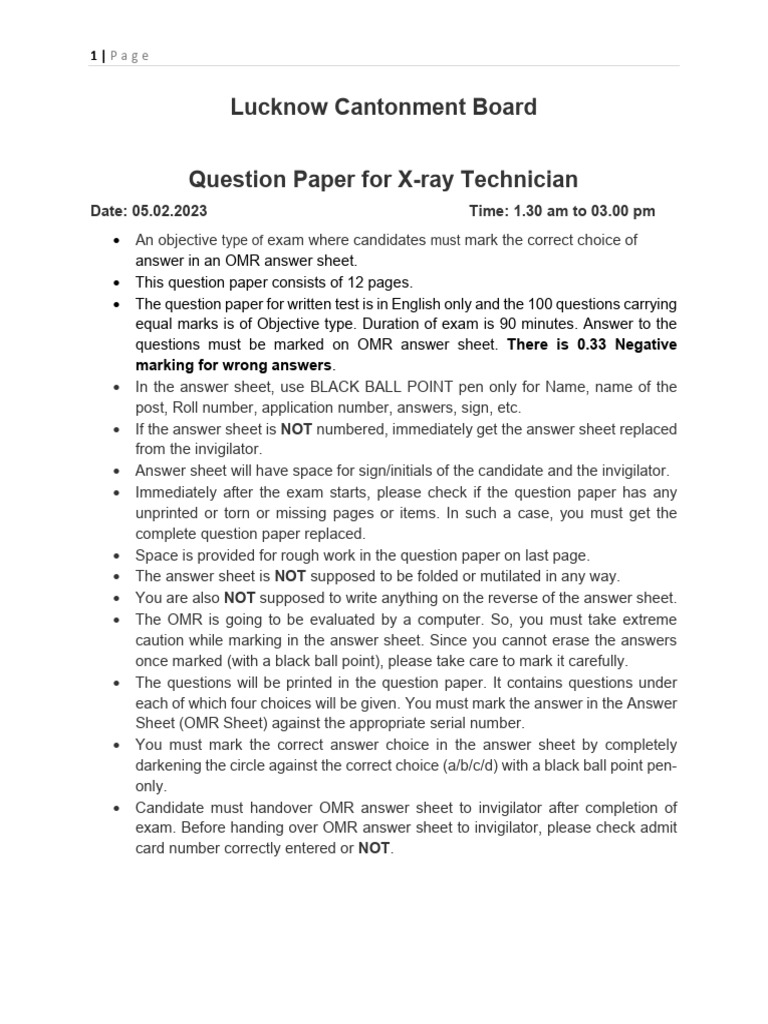 X-ray Technician Exam Question Paper | PDF