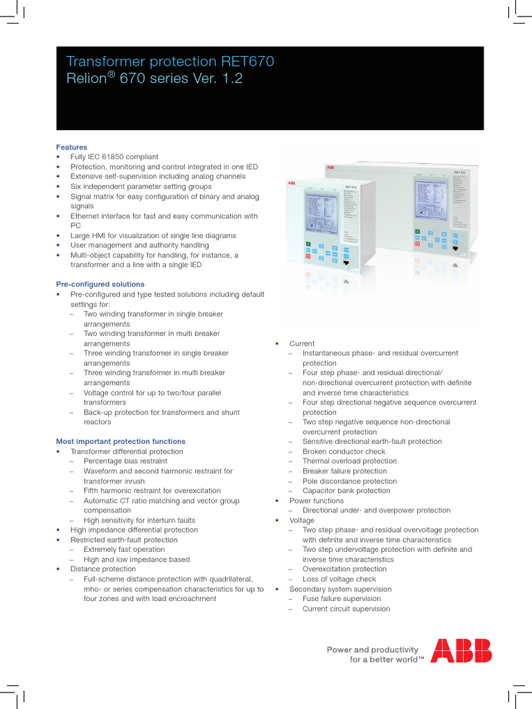 1mrk500110 Sen Hires En Transformer Protection Ret670 1 2 Iec Technical Summary Pdf