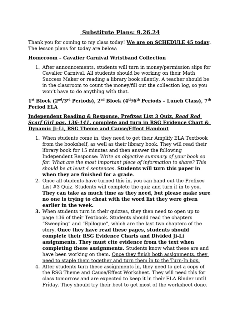 Substitute Plans 8.21.24 | PDF