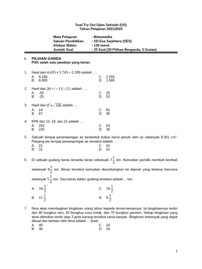 P6 Soal Try Out 2 Matematika 2021-2022 | PDF