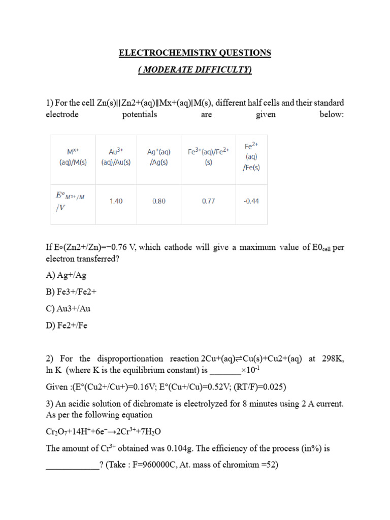 Electrochemistry Practice Questions | PDF | Electrochemistry | Physical ...