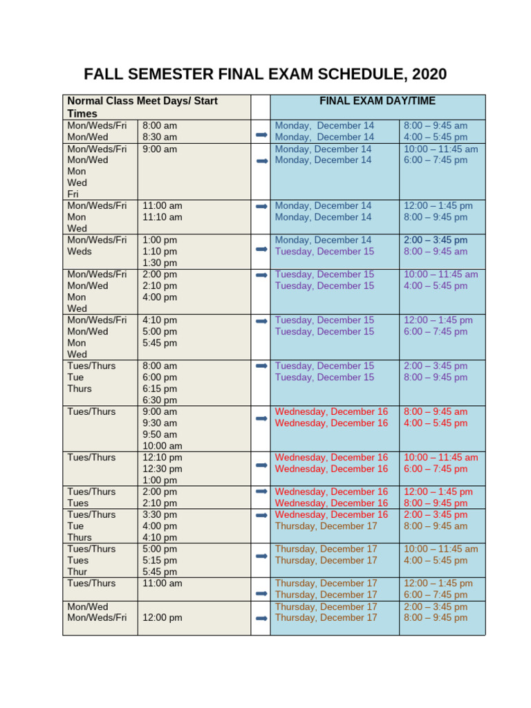 2020 FALL SEMESTER FINAL EXAM SCHEDULE | PDF