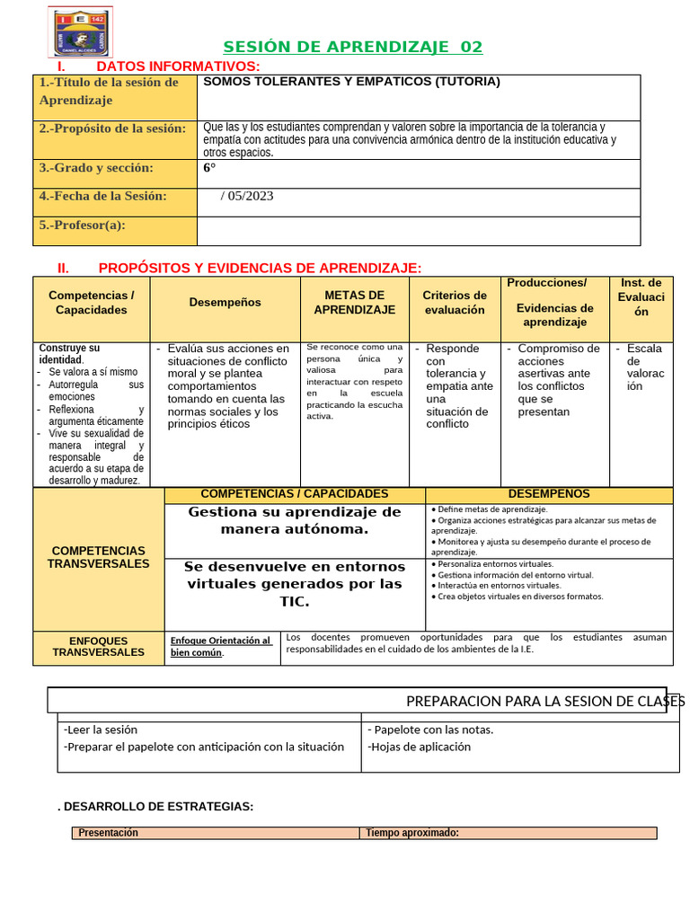 Sesion de Tutoria - La Tolerancia y Empatia | PDF | Aprendizaje | Empatía