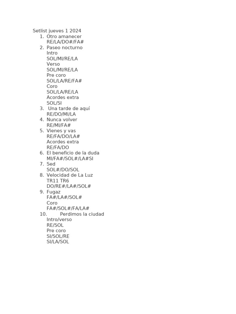 Setlist de Canciones y Acordes 2024 | PDF
