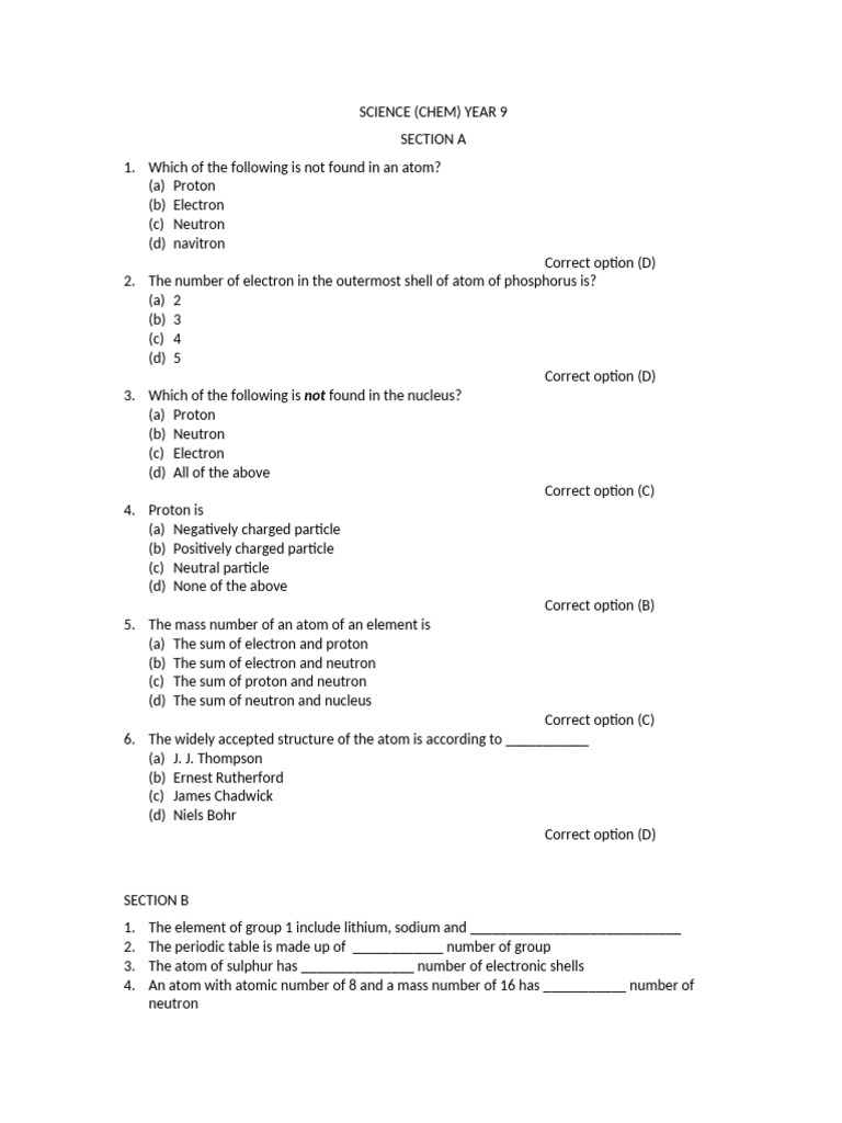 Year 9 Chemistry Exam Questions | PDF | Atoms | Proton