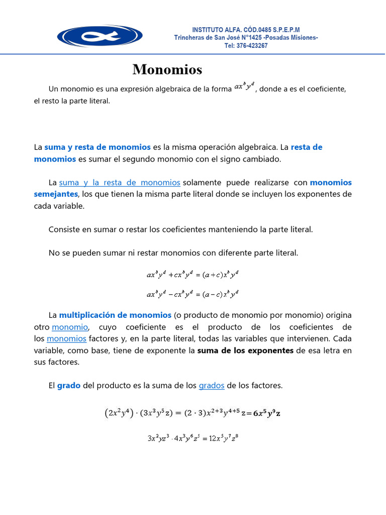 1 - Operaciones Con Monomios | PDF