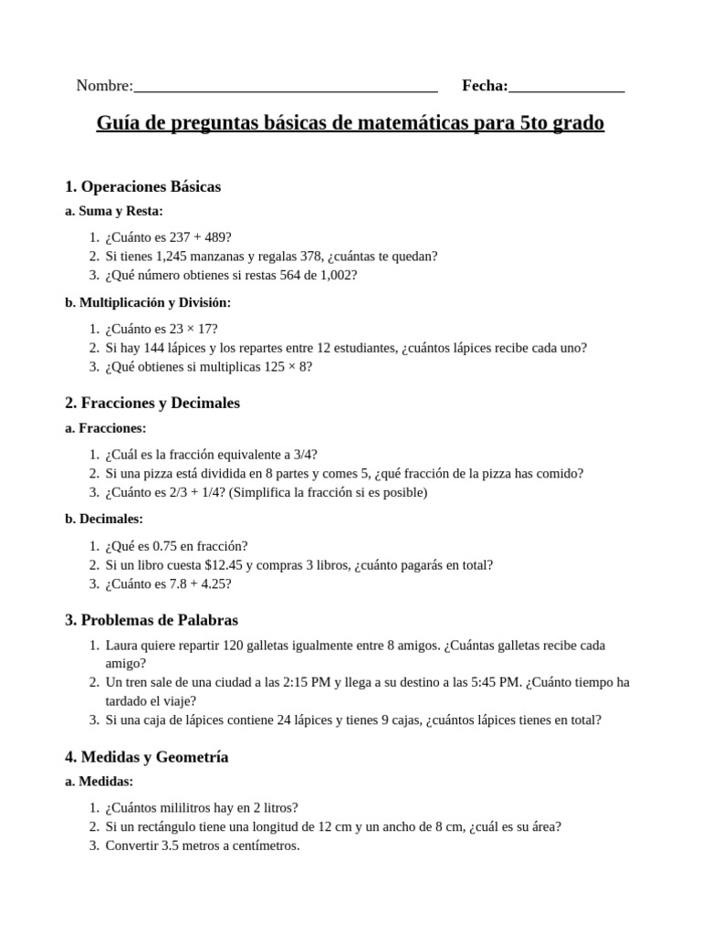 Preguntas de Matemáticas 5to Grado | PDF | Matemática Elemental ...