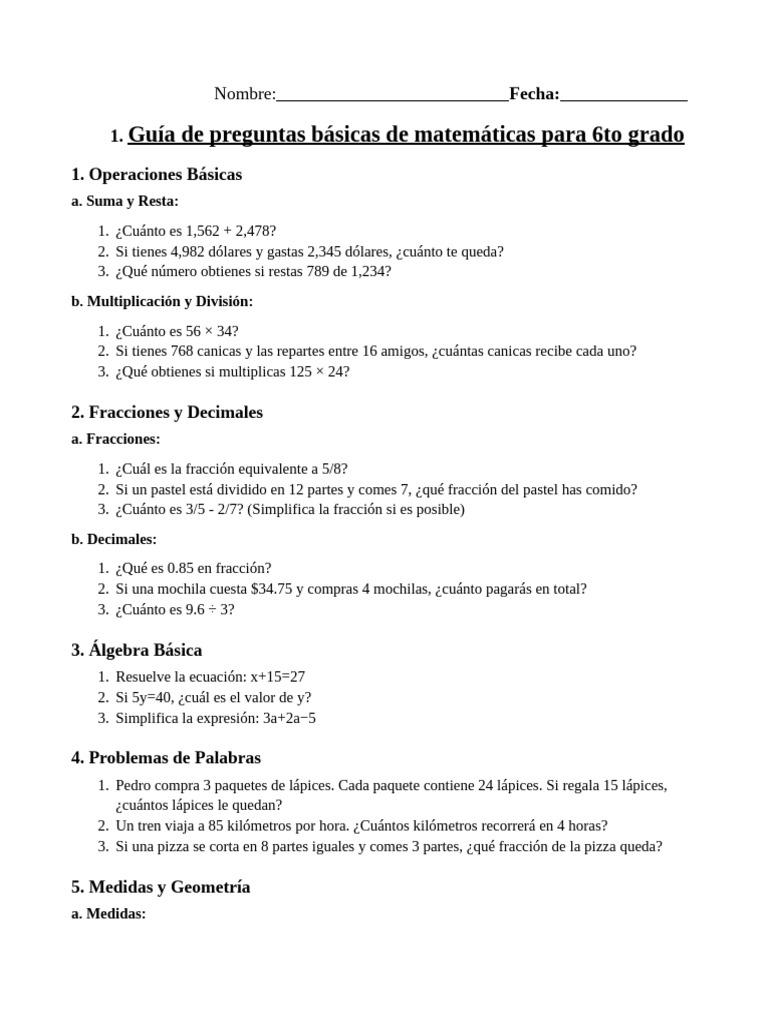Preguntas de Matemáticas 6to Grado | PDF | Aritmética | Matemática ...