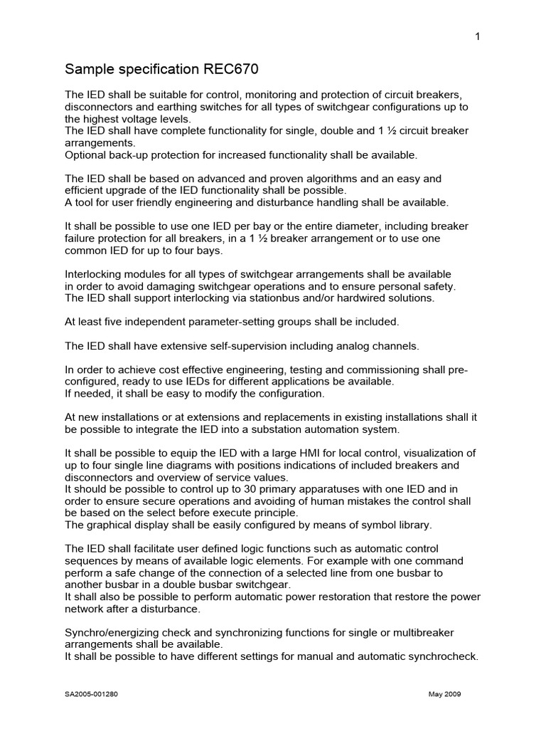 SA2005-001280 G en Sample Specification REC670 | PDF | Electrical ...