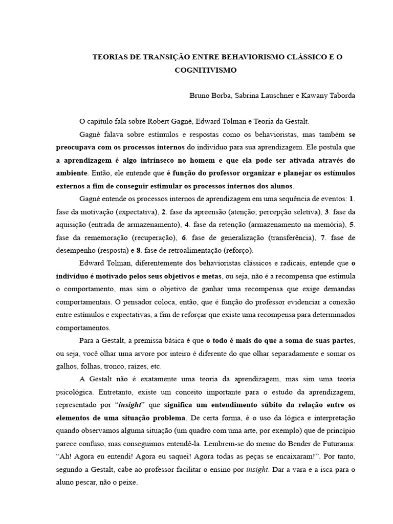 Teorias de Transição Entre Behaviorismo Clássico e o Cognitivismo | PDF ...