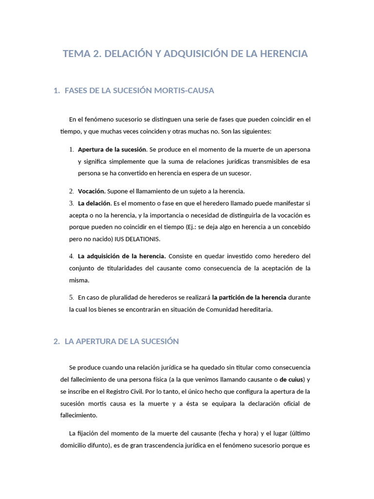 TEMA 2 LA DELACIÓN Y ADQUISICIÓN DE LA HERENCIA | PDF | Herencia ...
