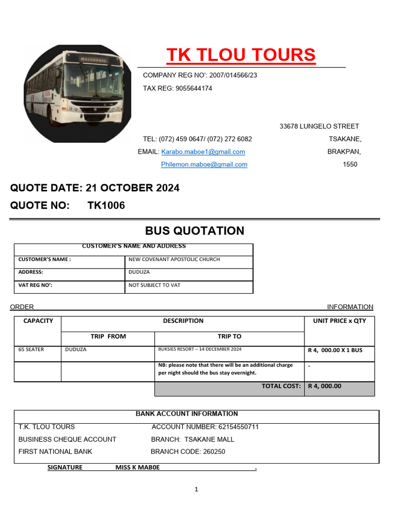 Buksies Resort Bus Quotation 2024 | PDF | Bus