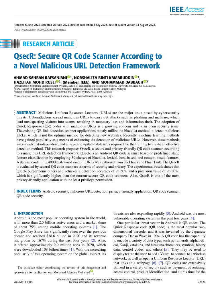 QsecR Secure QR Code Scanner According To A Novel Malicious URL ...