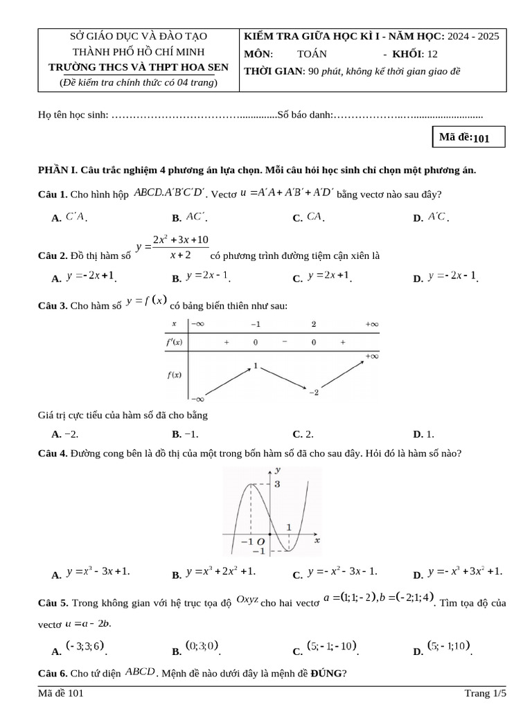 De Giua Hoc Ki 1 Toan 12 Nam 2024 2025 Truong Thcs THPT Hoa Sen TP HCM | PDF
