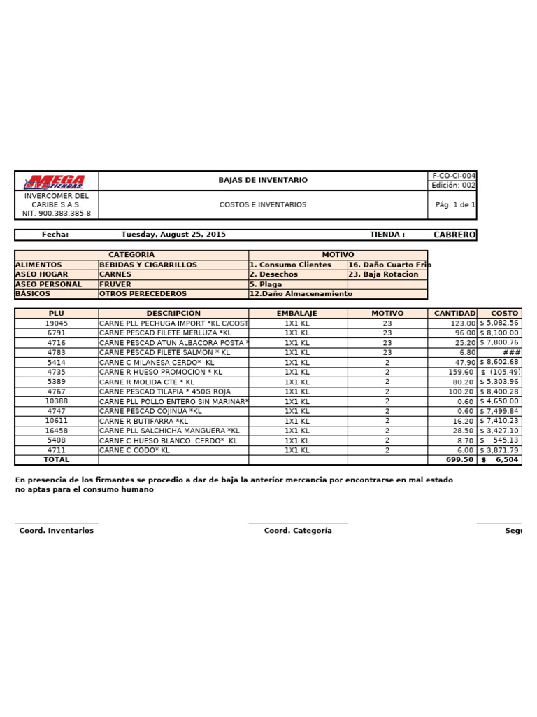 F-InV-003 Bajas de Inventarios - Fruver Ed6 | PDF | Fruta | Carne