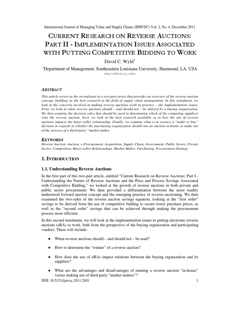 Current Research On Reverse Auctions:PART II-Implementation Issues ...