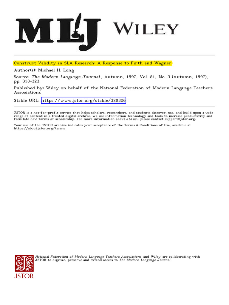 Construct Validity in SLA Research A Response To Firth and Wager | PDF ...