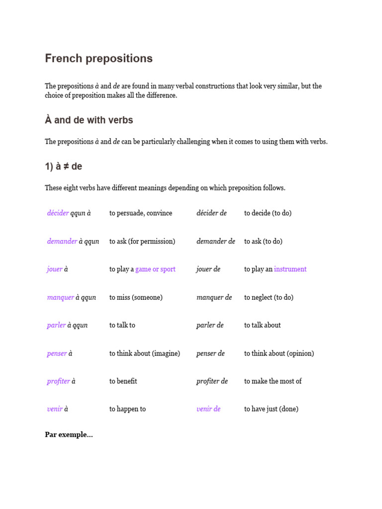 French Verbs with Prepositions Guide | PDF | Verb | Preposition And ...