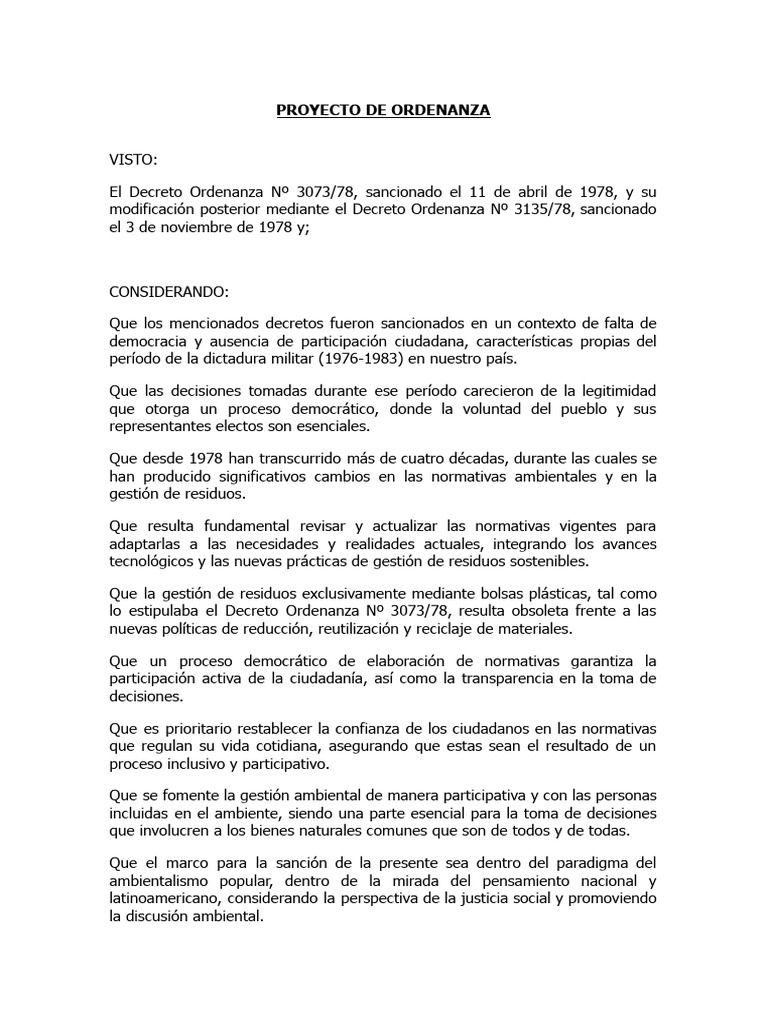 Proyecto de Ordenanza | PDF | Residuos | Democracia